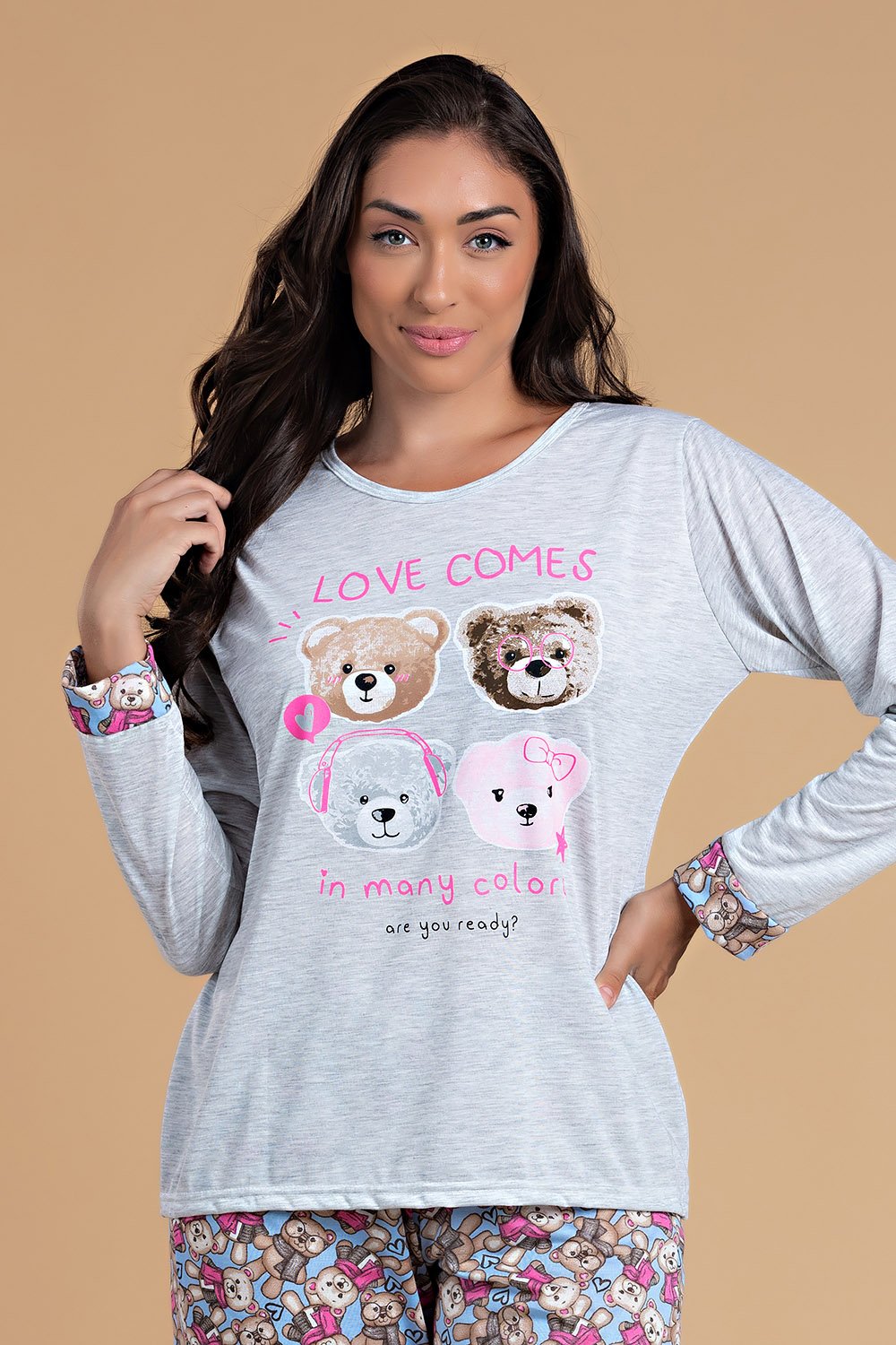 Pijama Feminino Ursinhos Love Mescla