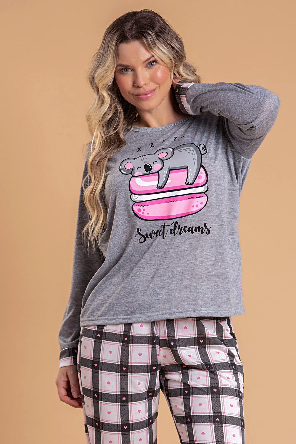 Pijama Feminino Coala Dormindo + Pantufa Feminino Xadrez Com Corações