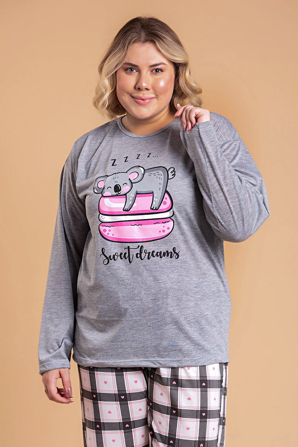 Pijama Feminino Plus Size Comprido Coala Dormindo | Cor Cinza