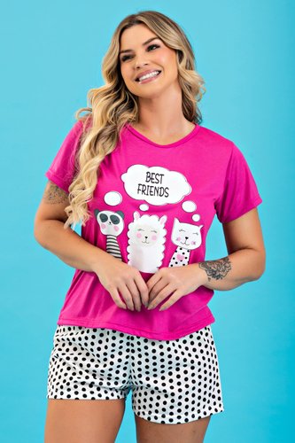 Pijama Feminino Best Friends Rosa com Short de Bolinha